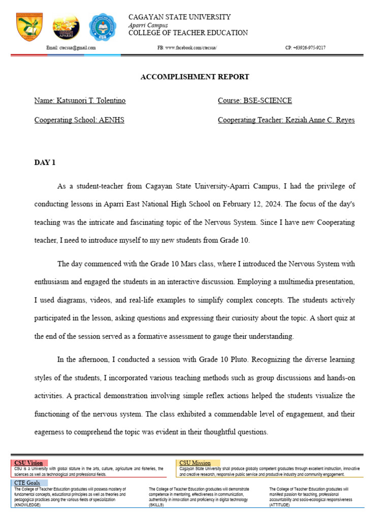 accomplishment report FINAL | PDF | Classroom Management | Teacher ...