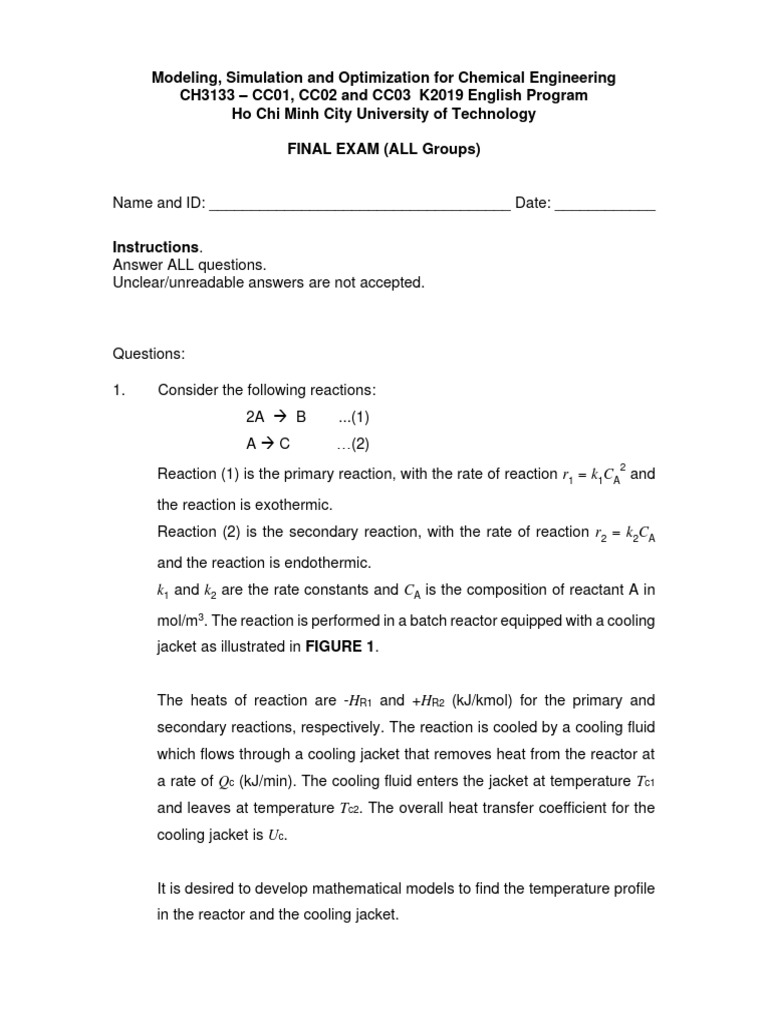 Final Exam Solutions and Marking Schemes | PDF | Chemical Reactor | Chemical Reactions