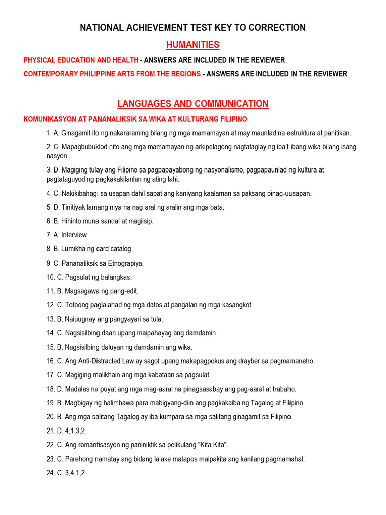 National Achievement Test Key To Correction | PDF