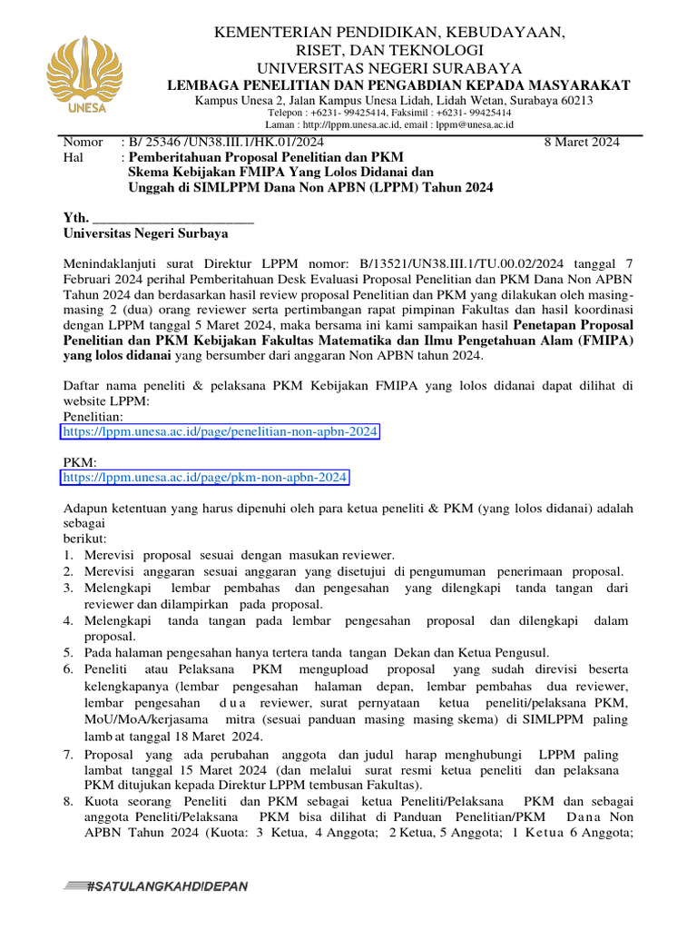 25346, Pemberitahuan Proposal Penelitian Dan PKM Skema Kebijakan FMIPA Yang Lolos Didanai Dan ...