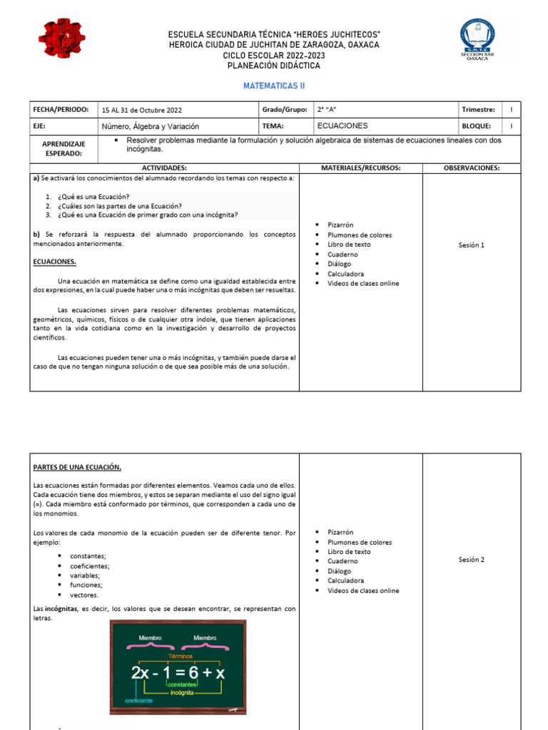 Planeacion Del 15 Al 31 de Oct Segundo | PDF | Ecuaciones | Multiplicación