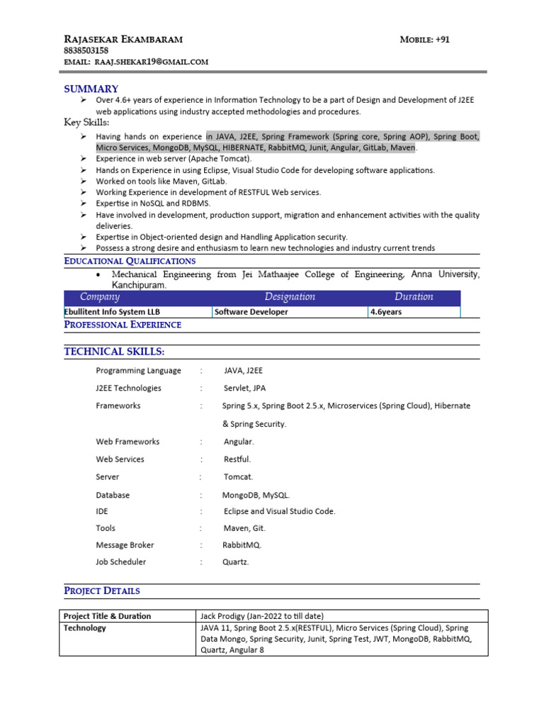 RAJASEKAR EKAMBARAM - Timetronic | PDF | Spring Framework | Software Development