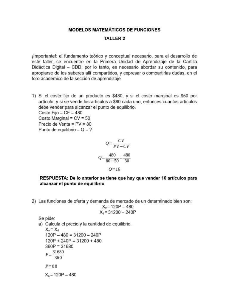 Taller Modelos Matematicos de Funciones | PDF | Oferta (economía) | Población