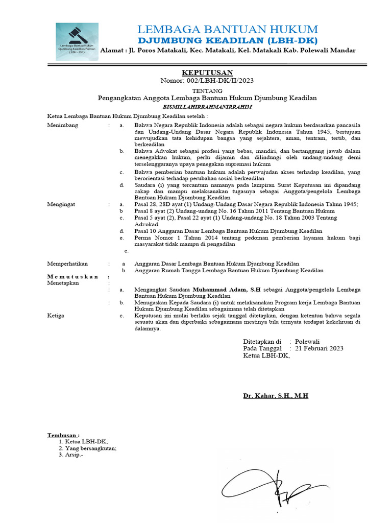 Pengangkatan Anggota LBH-DK | PDF