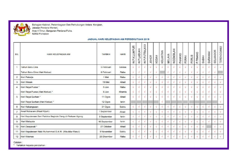 Jadual Hari Kelepasan Persekutuan | PDF