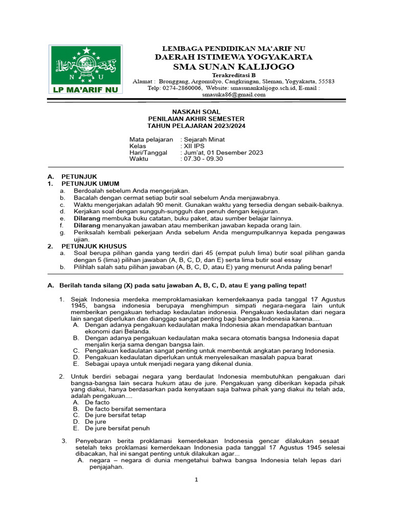 Soal PAS Sejarah Minat Kelas XII IPS | PDF