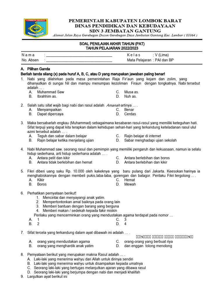 Soal Pat Pai KLS 5 2023 | PDF