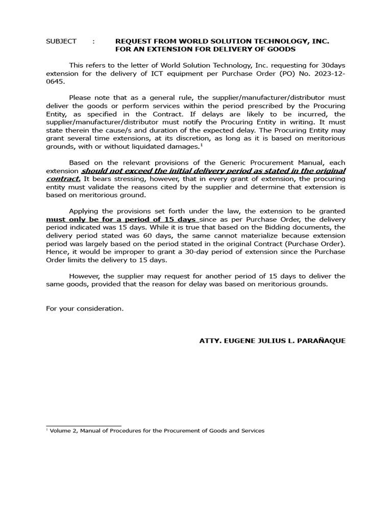 REQUEST FOR EXTENSION OF THE PERIOD TO DELIVER | PDF