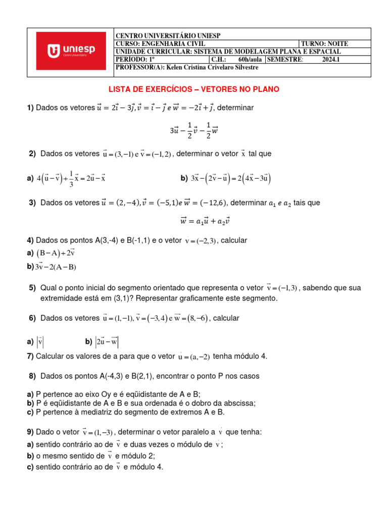 Lista De Exercícios Vetores No Plano Pdf Vetor Euclidiano
