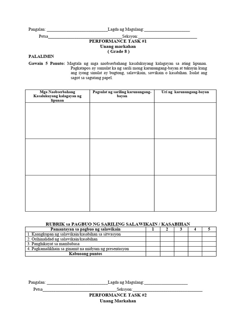 Performance Task G8 (1 - 4) 2021 | PDF