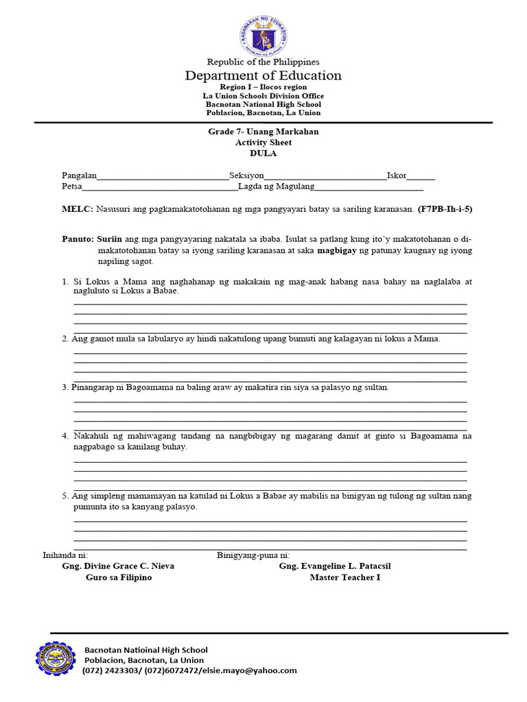 Activity SHeets (Dula) | PDF