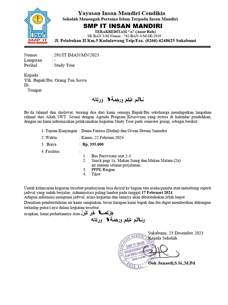 Contoh Surat Study Tour 2024 | PDF