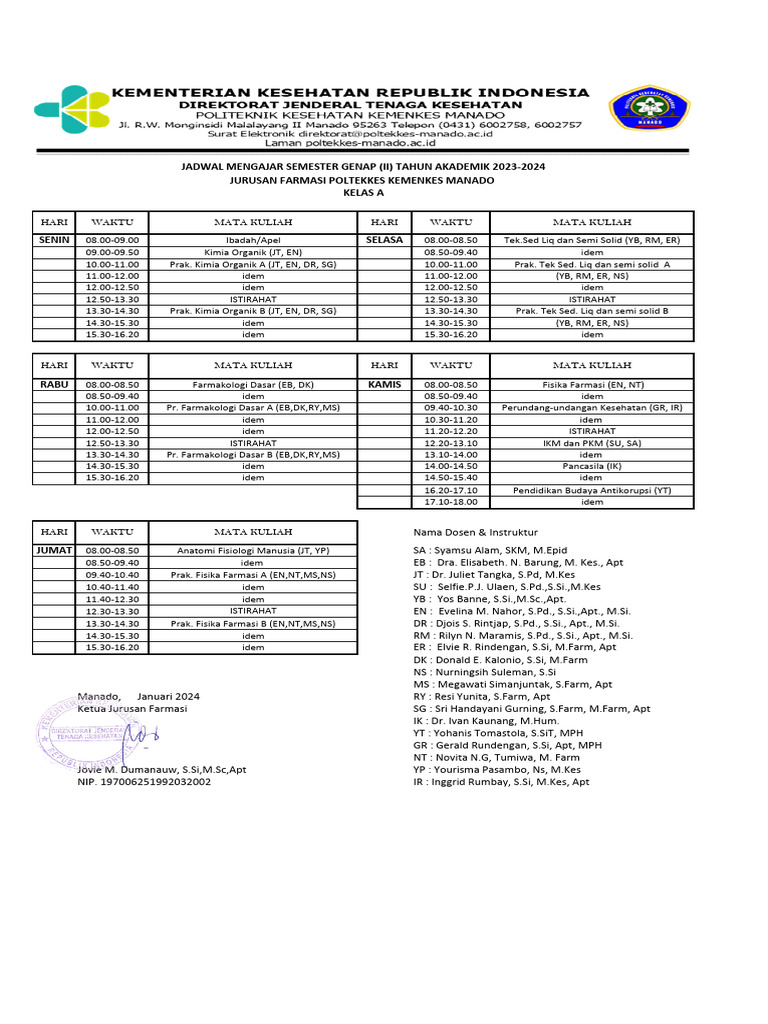 Jadwal Kuliah Semester Genap 2023-2024 - Fix | PDF