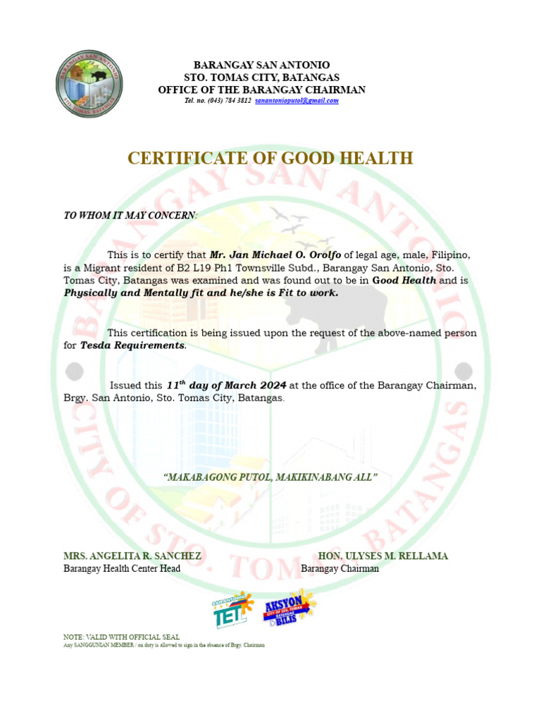 DOST Certificate of Good Health Sample | PDF
