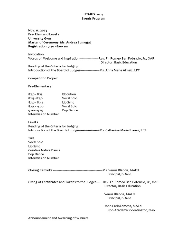 LITMUS 2023.docx Program Draft | Download Free PDF | Entertainment | Performing Arts