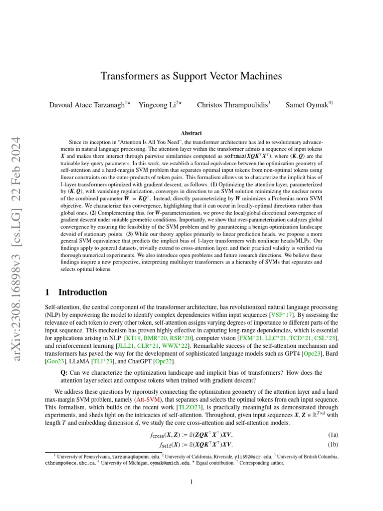 Transformers As Support Vector Machines: Davoud Ataee Tarzanagh Yingcong Li Christos ...