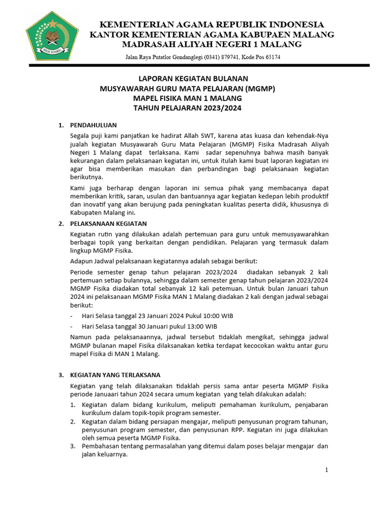 Laporan MGMP Januari 2024 | PDF