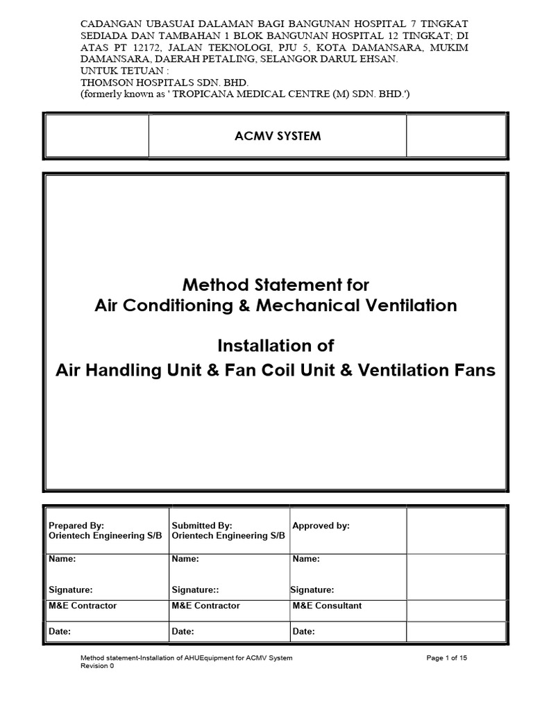 Method Statement-Installation of AHU | PDF | Pipe (Fluid Conveyance) | Duct (Flow)