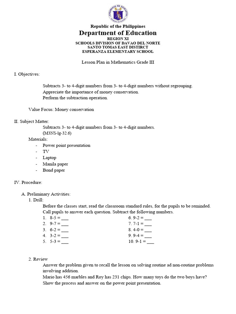Lesson Plan in Mathematics Grade III | PDF | Subtraction | Behavior ...