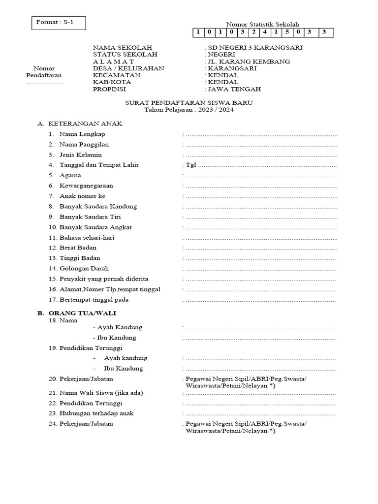 Format S-1 Surat Pendaftaran Siswa Baru | PDF | Olahraga & Rekreasi | Sains & Matematika