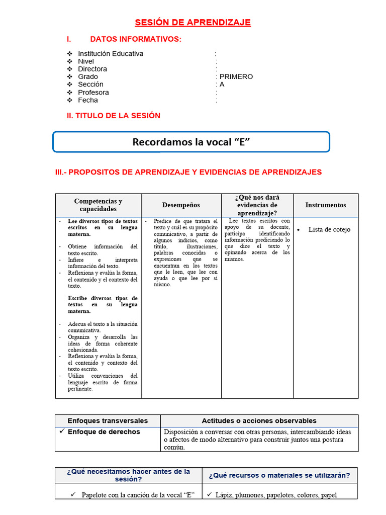 Aprendiendo la Vocal "E" en Primero | PDF | Aprendizaje | Comunicación ...