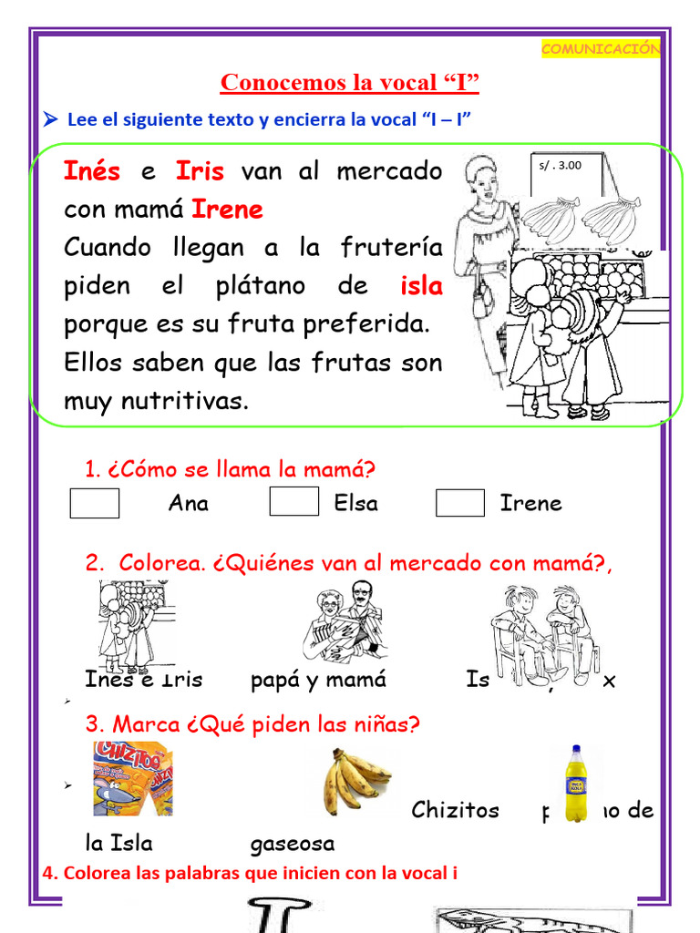 Actividades de Lectura con la Vocal I | PDF