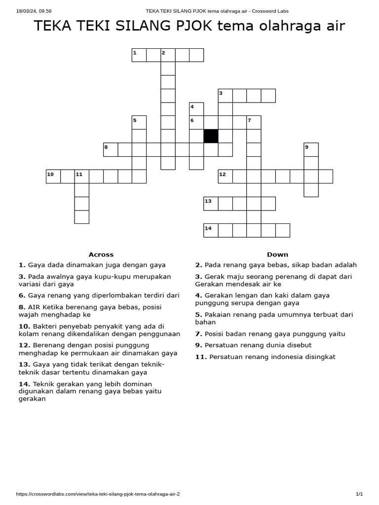 TEKA TEKI SILANG PJOK Tema Olahraga Air - Crossword Labs | PDF