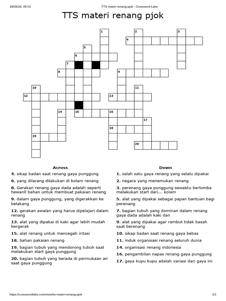 TTS Materi Renang Pjok - Crossword Labs | PDF