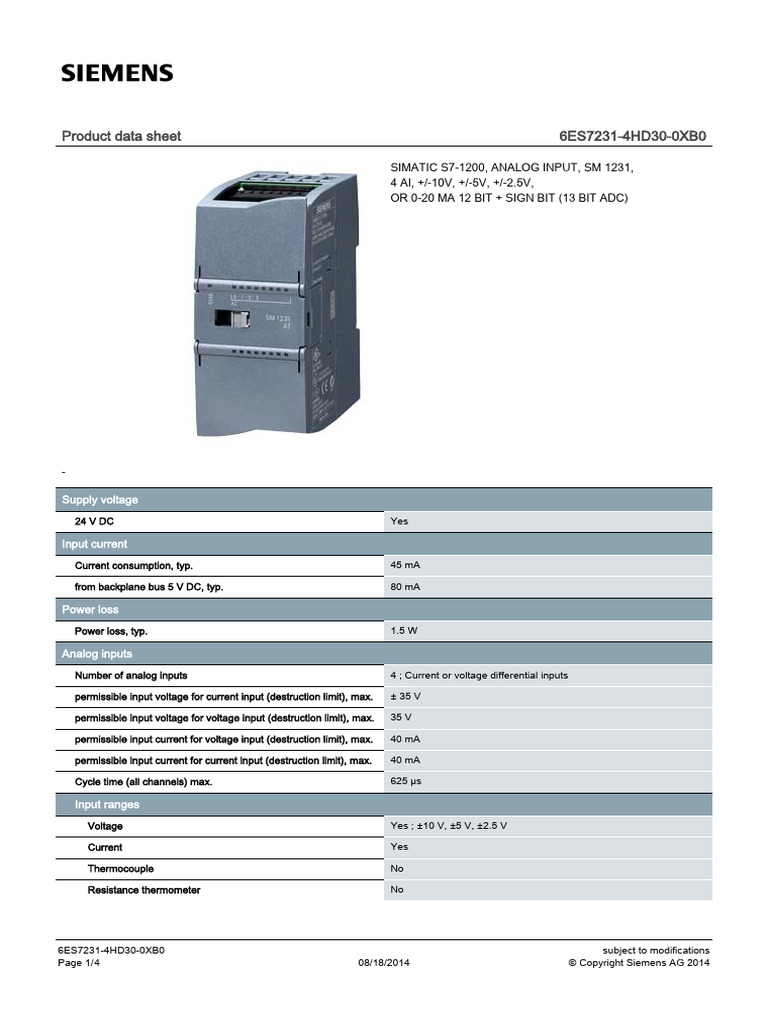 6es7231-4hd30-0xb0 - 4ai | PDF | Power Supply | Electrical Engineering