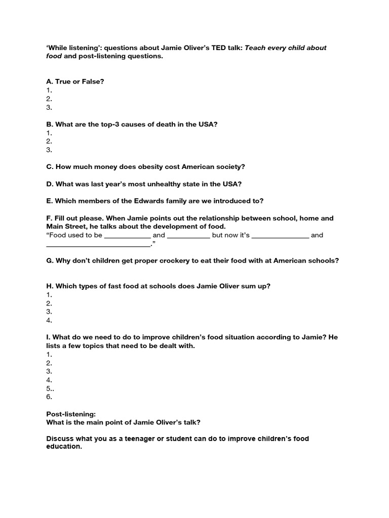 Ted Talk Jamie Oliver Students Question Sheet | PDF | Social Science ...