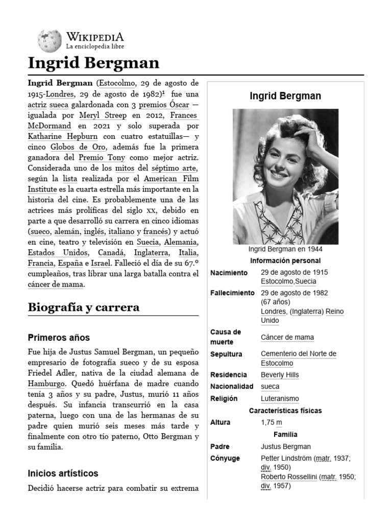 Ingrid Bergman - Wikipedia, La Enciclopedia Libre | PDF