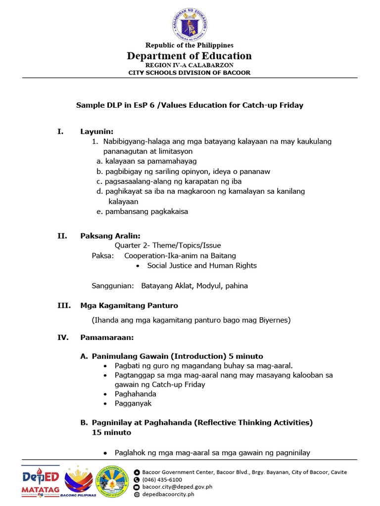 Sample Values Education DLP For Catch Up Friday | PDF