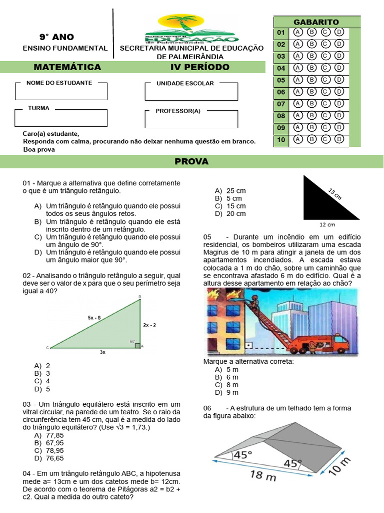 Prova Matematica 9 Ano IV Periodo | PDF | Triângulo | Círculo