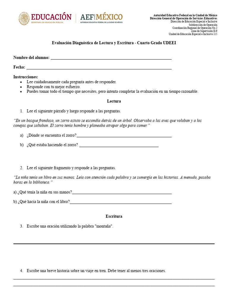 Evaluación Diagnóstica de Lectoescritura 4º | PDF