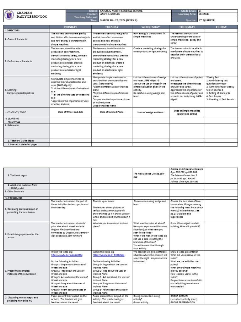 DLL - Science 6 - Q3 - W8 | PDF | Machines | Learning