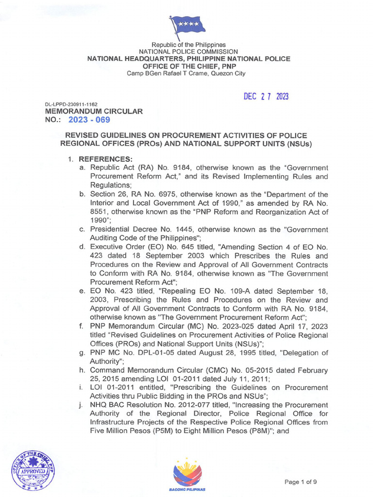 PNP MC No 2023 69 Revised Guidelines On Procurement Activities of PROs and NSUs | PDF