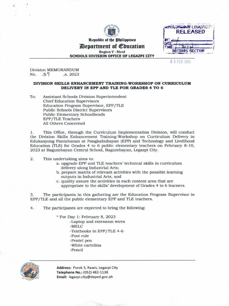 DM No. 57, S. 2023 Division Skills Enhancement Training-Workshop On ...