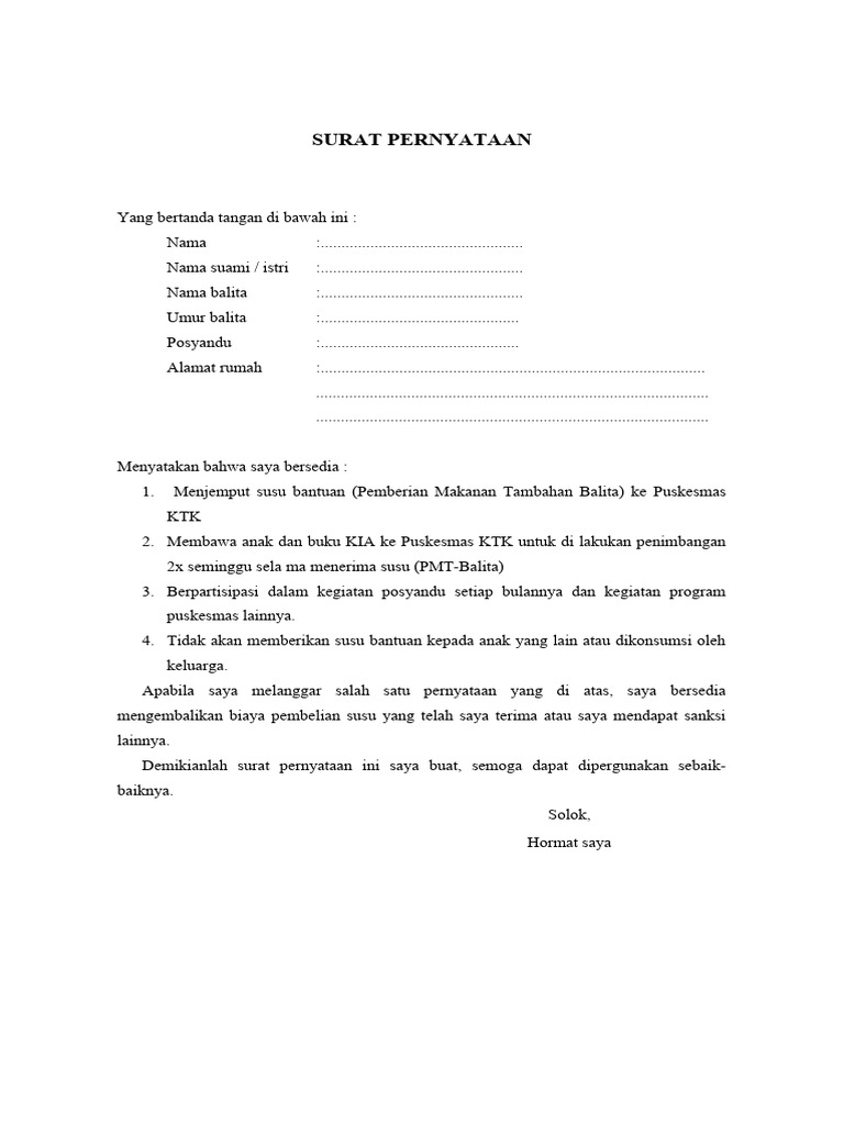 SURAT PERNYATAAN PMT balita | PDF