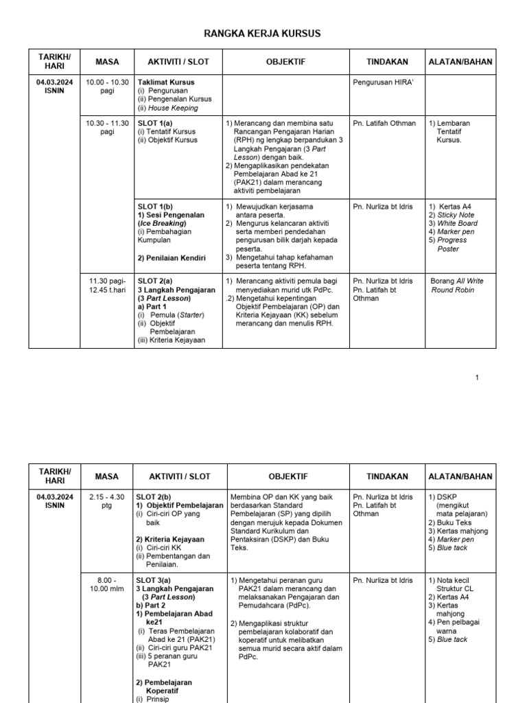Tentatif Kursus Guru 2024 | PDF
