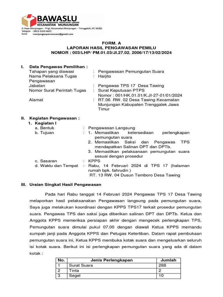 Form 3 A Pemungutan Suara TPS 17 TAWING | PDF