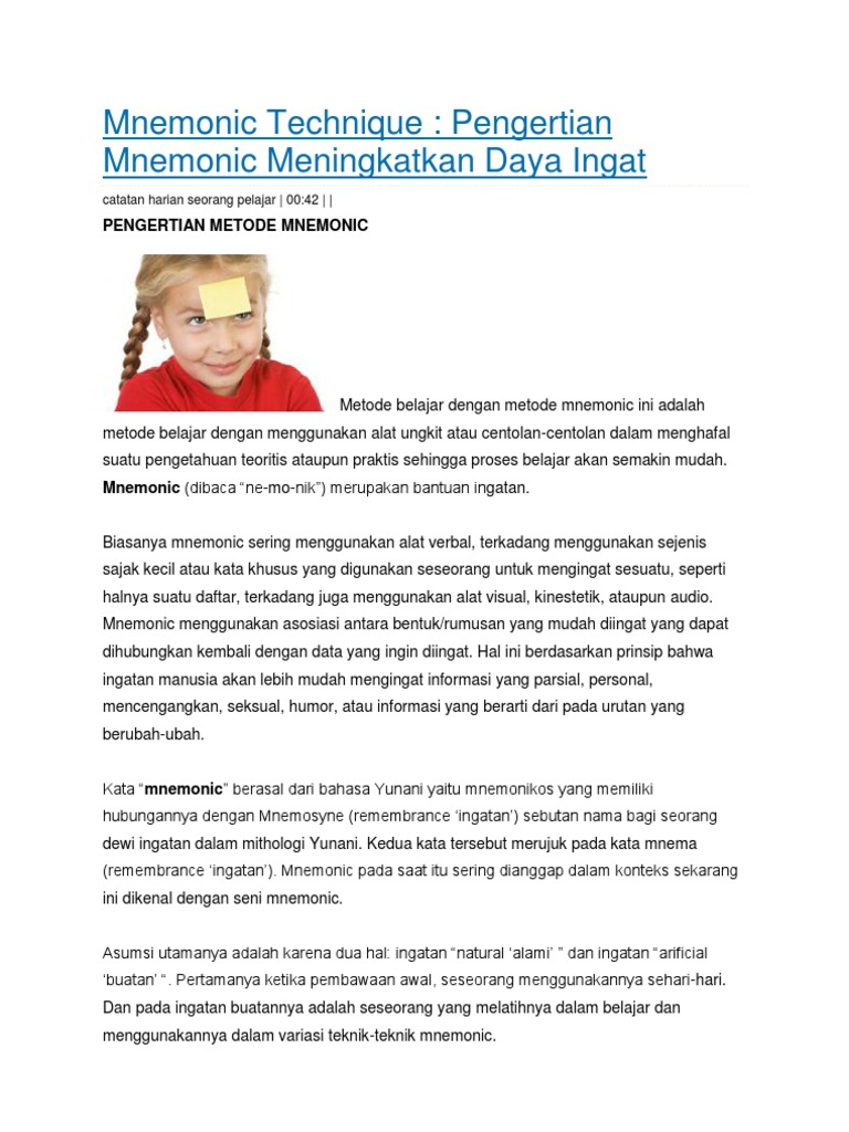 Metode Mnemonik: Cara Mudah Meningkatkan Daya Ingatan | PDF