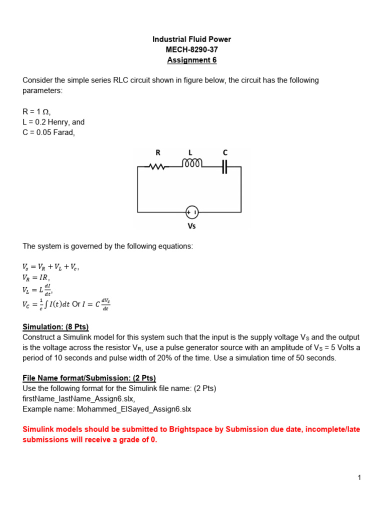 RLC Circuit Simulink Assignment Guide | PDF