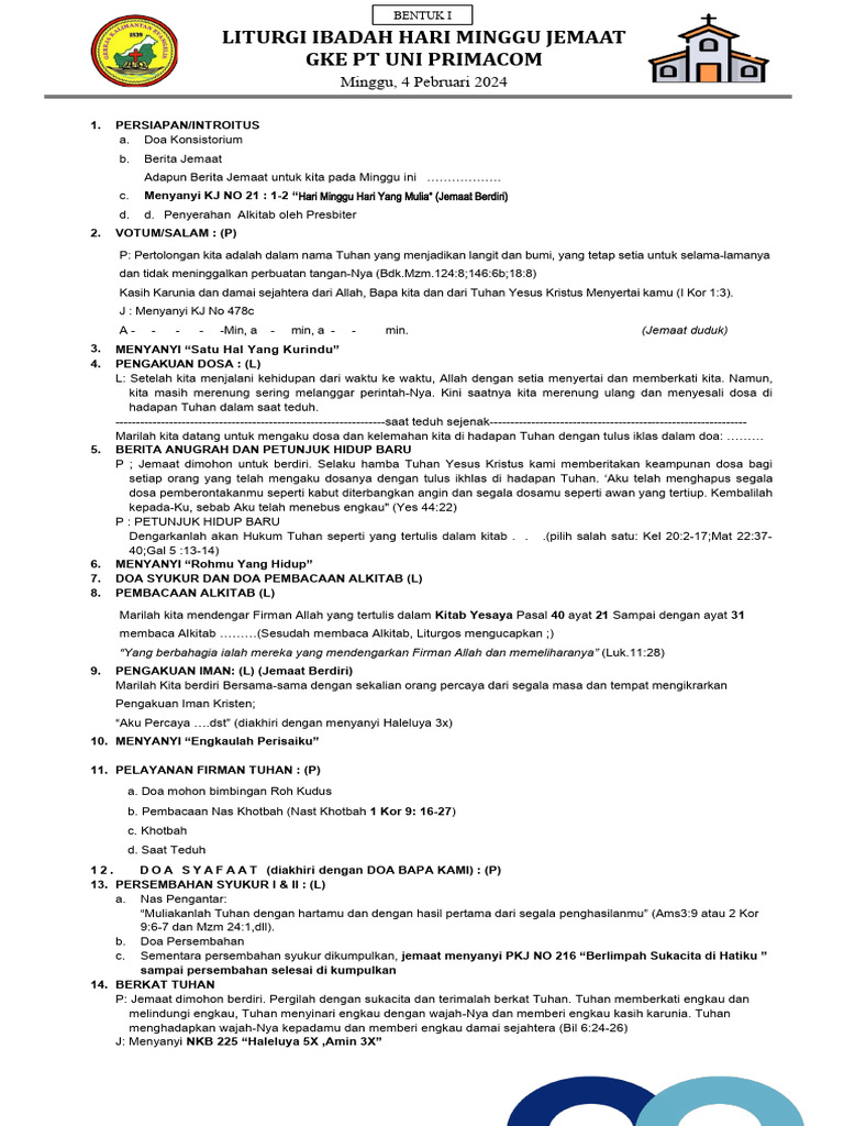 Liturgi Ibadah Bentuk I (Pertama) 2024 | PDF