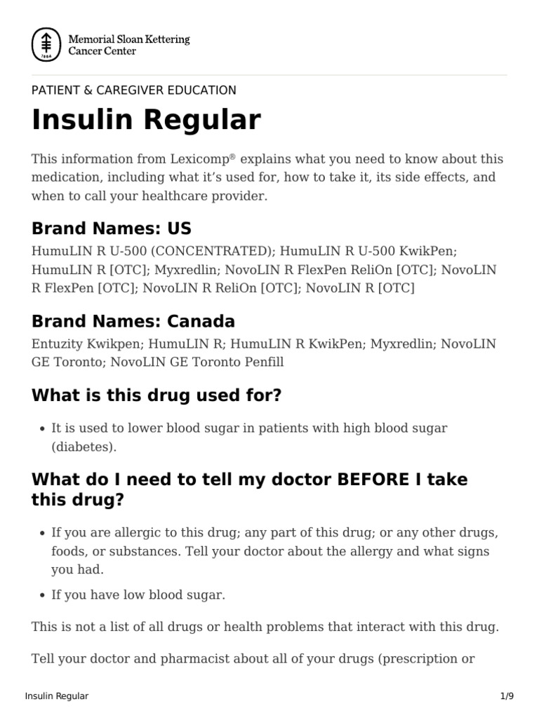 Insulin Regular Memorial Sloan Kettering Cancer Center - Insulin ...