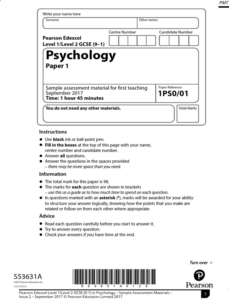 Specimen QP - Paper 1 Edexcel Psychology GCSE | PDF | Mental Processes ...