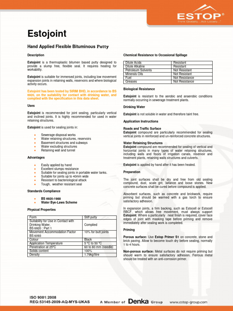 Waterstop - Estojoint - Data Sheet - 040603 | PDF | Water | Sewage ...