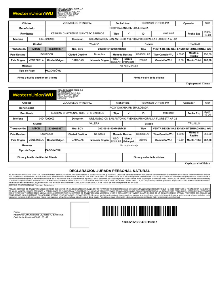Recibos WU 18092023 202309181629762R7C8I | PDF | Western Union | Red ...