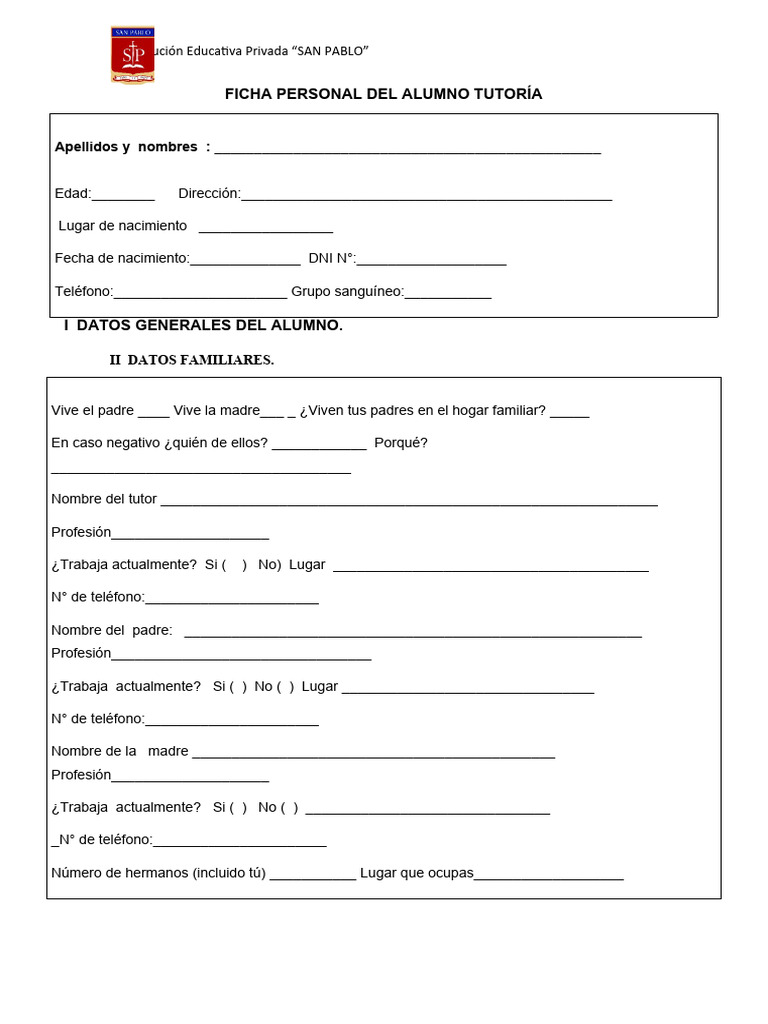 Ficha Personal Del Estudiante | PDF