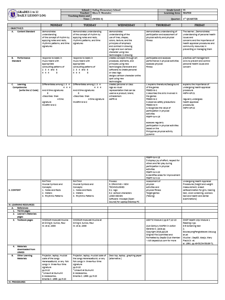 Mapeh DLL | PDF | Learning | Rhythm