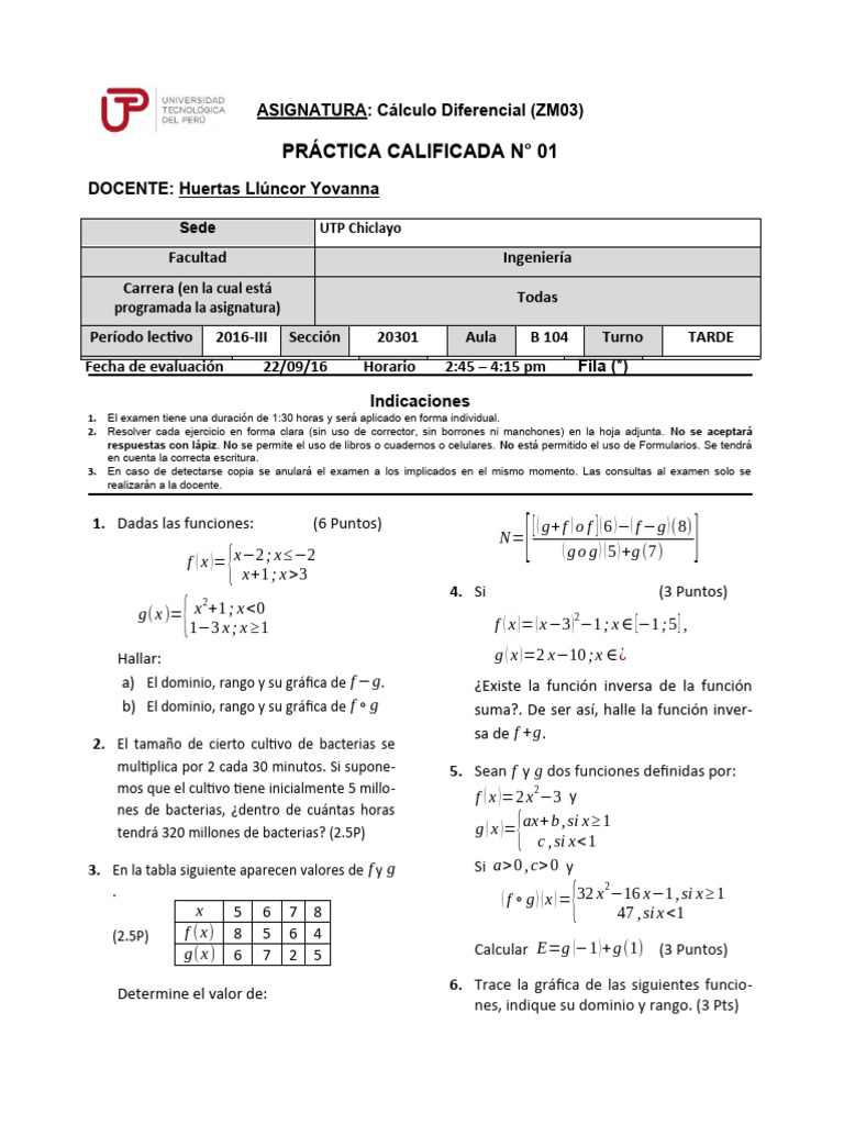 Práctica Calificada N°1 - Cálculo Diferencial (Tarde) | PDF